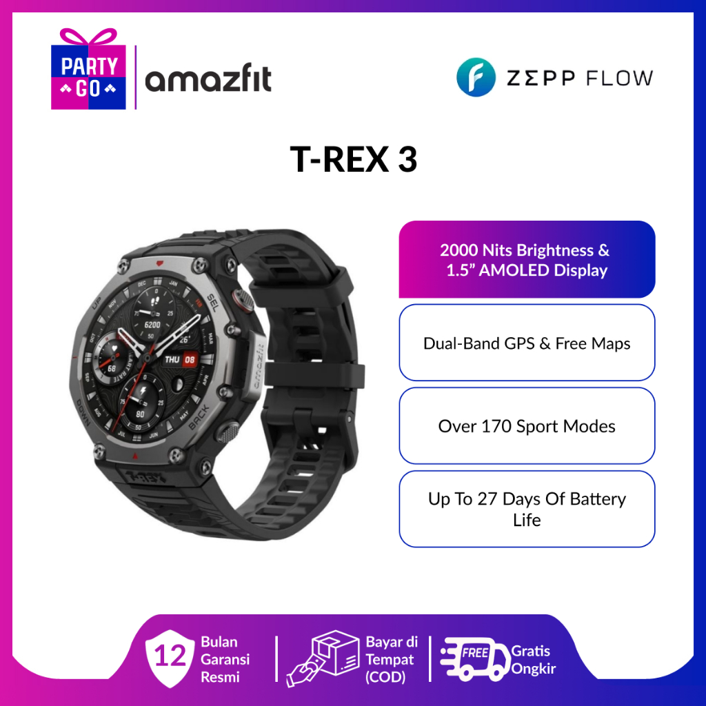 Jual Amazfit T-REX 3 Smartwatch 1.5" Display AMOLED AOD GPS SpO2 10ATM Waterproof MIL-STD TREX 3 ...