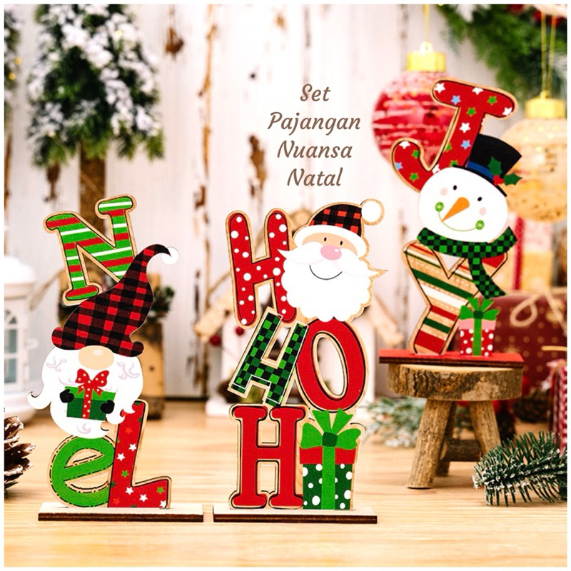 Jual ISI 3 MOTIF Set Pajangan Nuansa Natal bahan kayu HOHOHO NOEL JOY ...