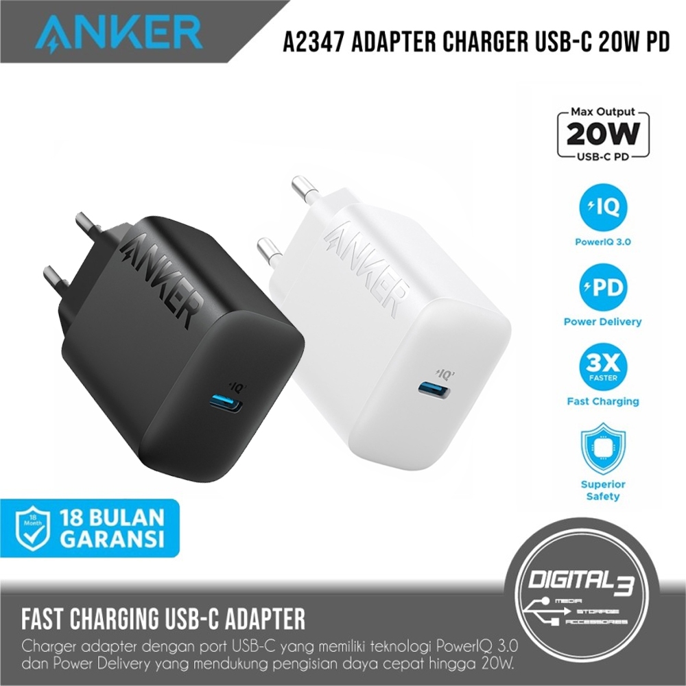 Jual Anker Wall Charger PowerPort 20W Adapter USB-C Fast Charging PD ...