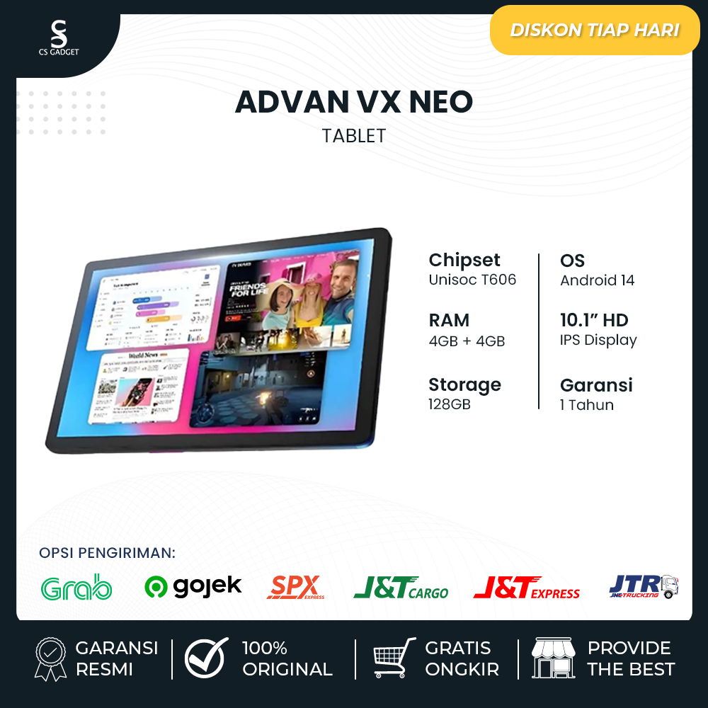 Jual ADVAN Tab VX Neo (4GB+4GB/128GB) 10.1" IPS Screen Tablet Android 14 6200 mAh Dual Sim Card ...