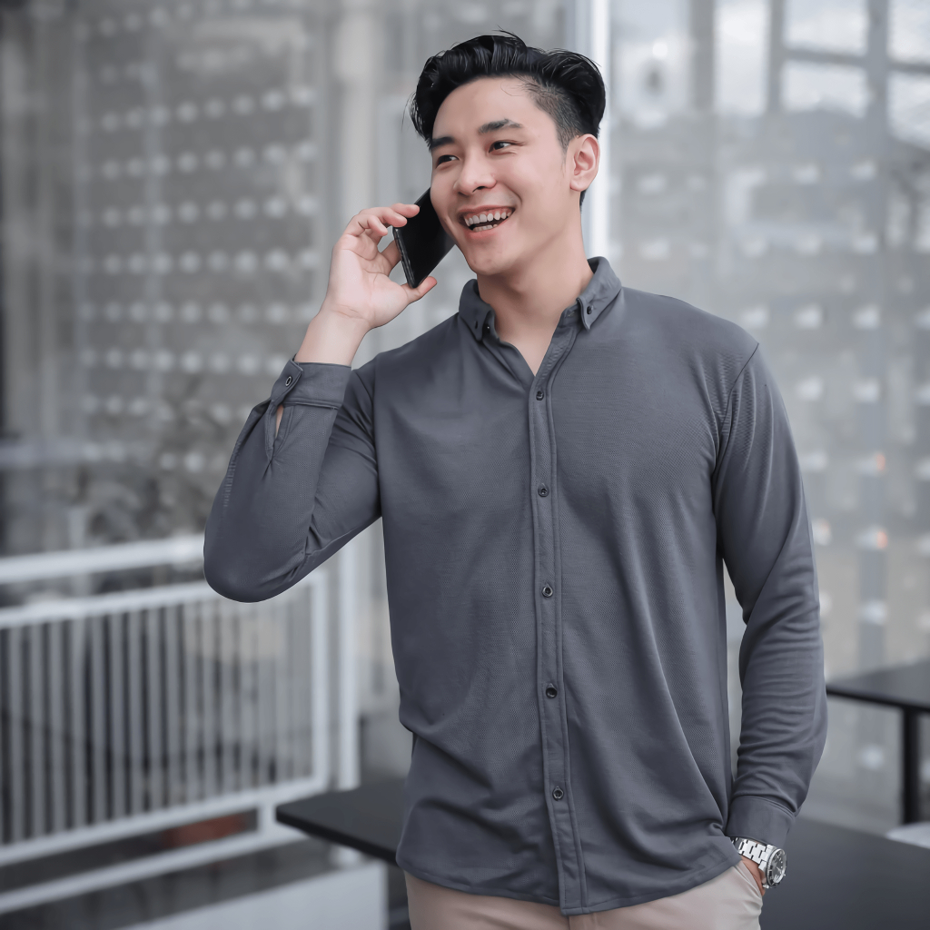 Jual Kemeja formal pria polos lengan panjang bahan pique premium warna Abu Anti Kusut Nyaman dan ...