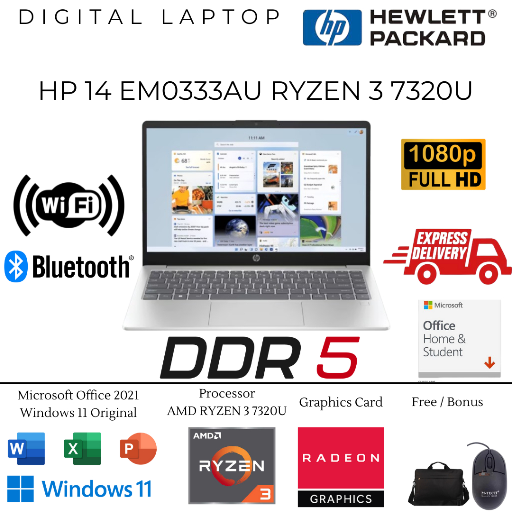 Jual HP 14 EM0332AU / EM0333AU AMD Ryzen 3 7320U RAM 8GB SSD 512GB FHD ...