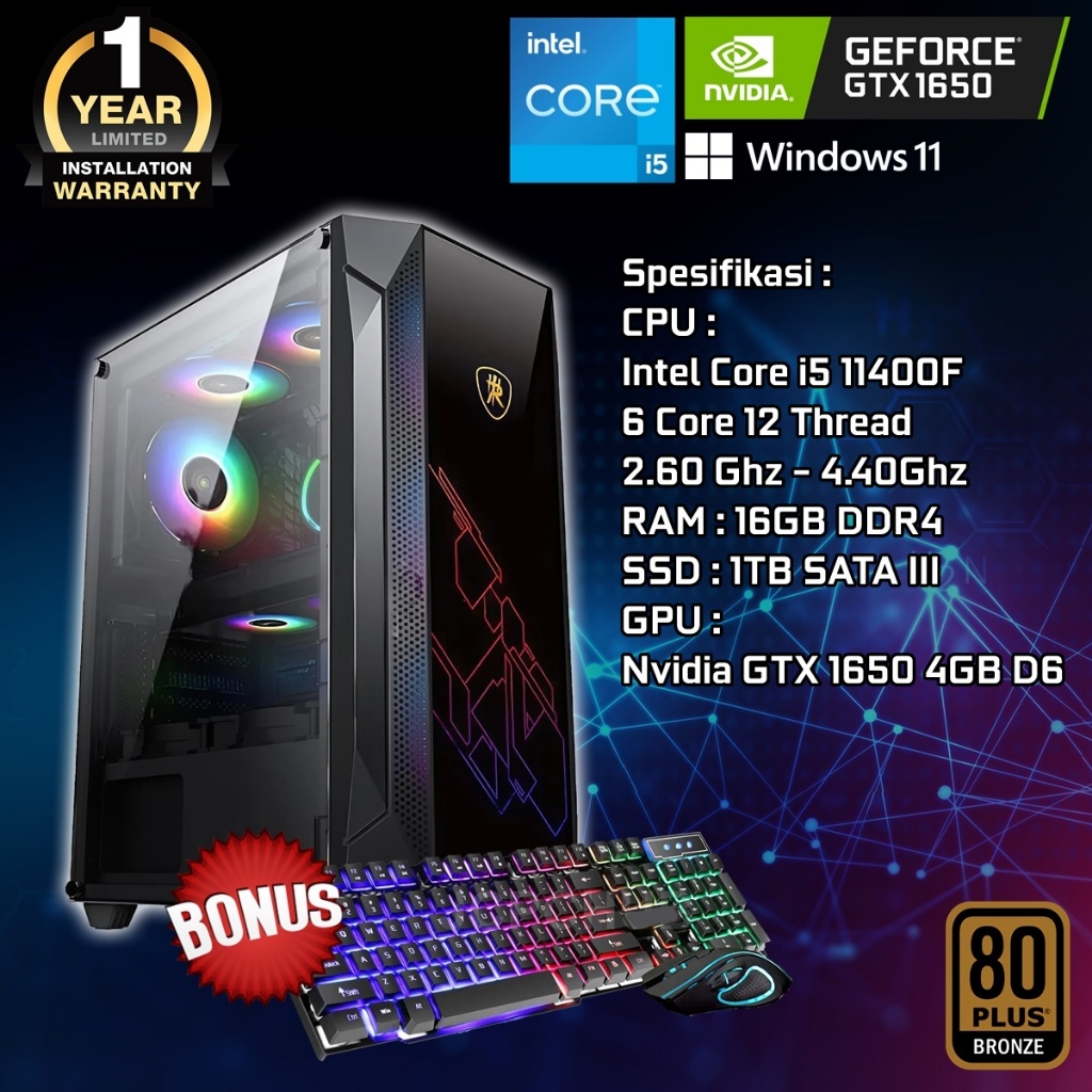 Jual KOMPUTER PC GAMING RAKITAN | Core i5 11400F | RAM 8GB | GTX 1650 4GB GDDR6 | Shopee Indonesia