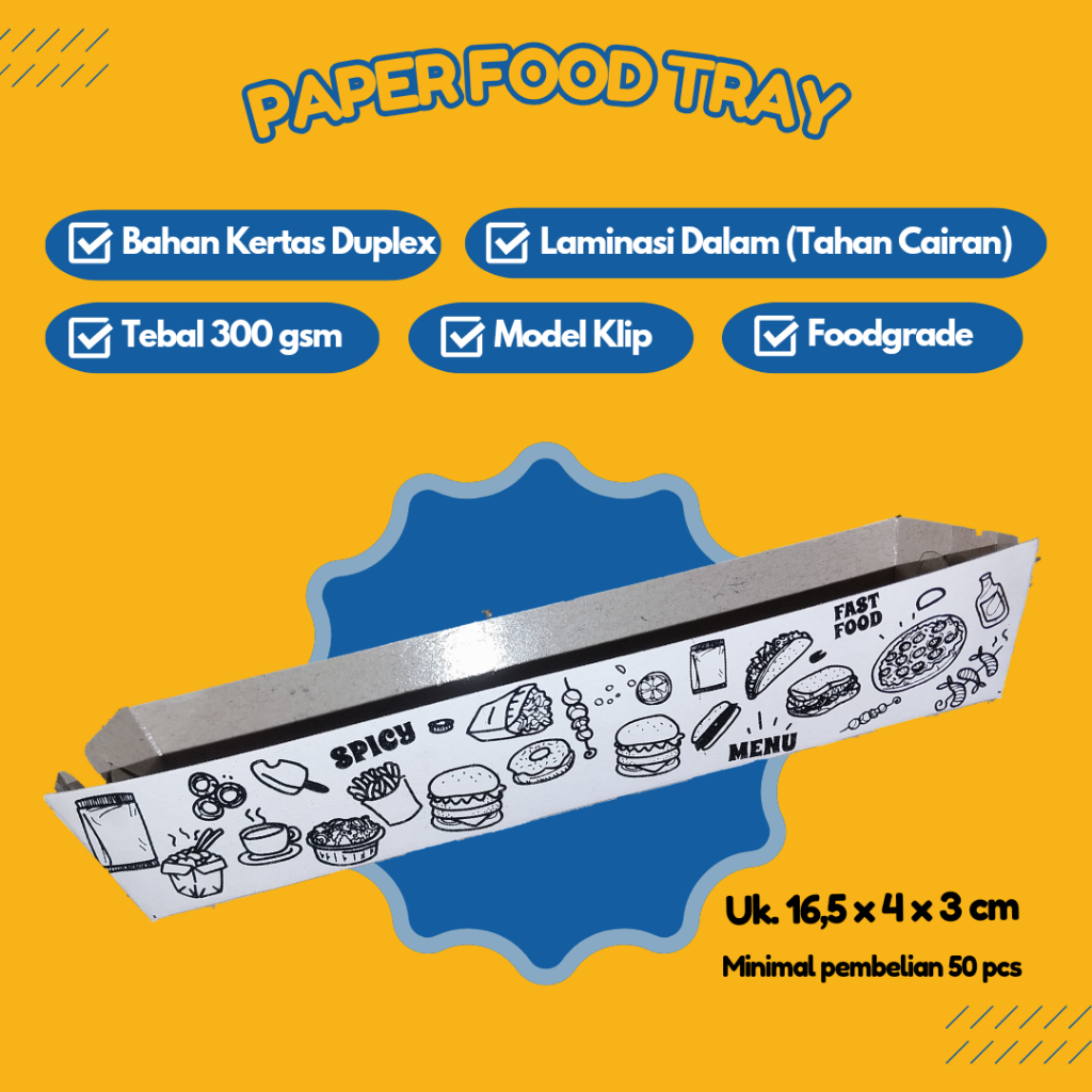 Jual Paper Food Tray, Wadah Sosis Kertas Motif Fast Food dine in bahan ...