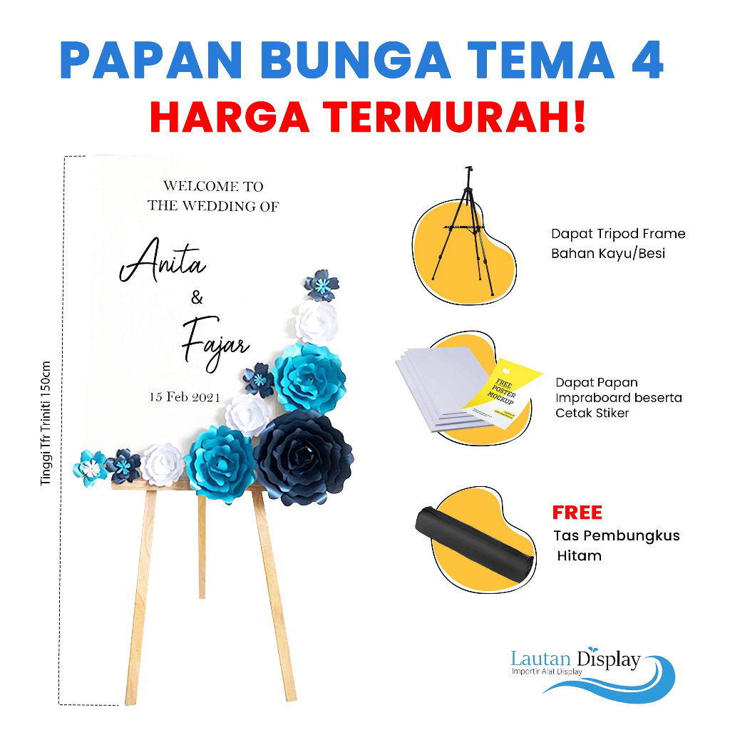 Jual (Tema 4) Standing Easel Tripod Kayu / Besi + Papan Bunga Kertas ...