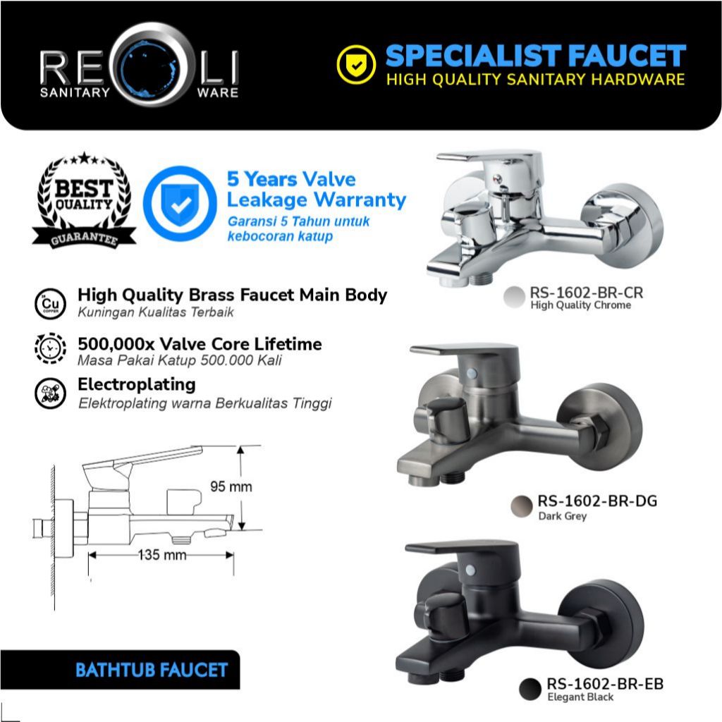 Jual REOLI Keran Bathtub Mixer Shower Panas Dingin Kuningan 1602 ...