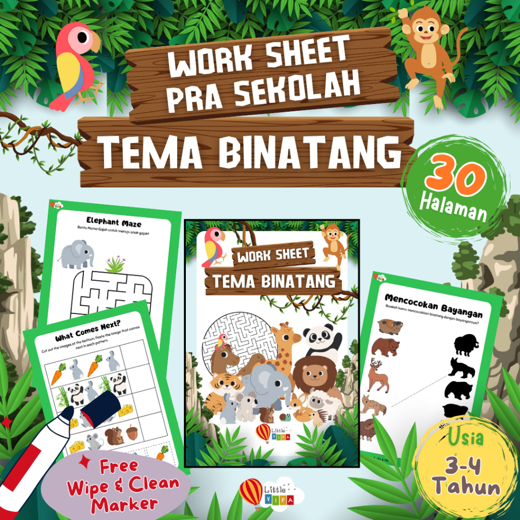 Jual Aktivitas anak Worksheet Tema Binatang 30 lbr wipe & clean - untuk ...
