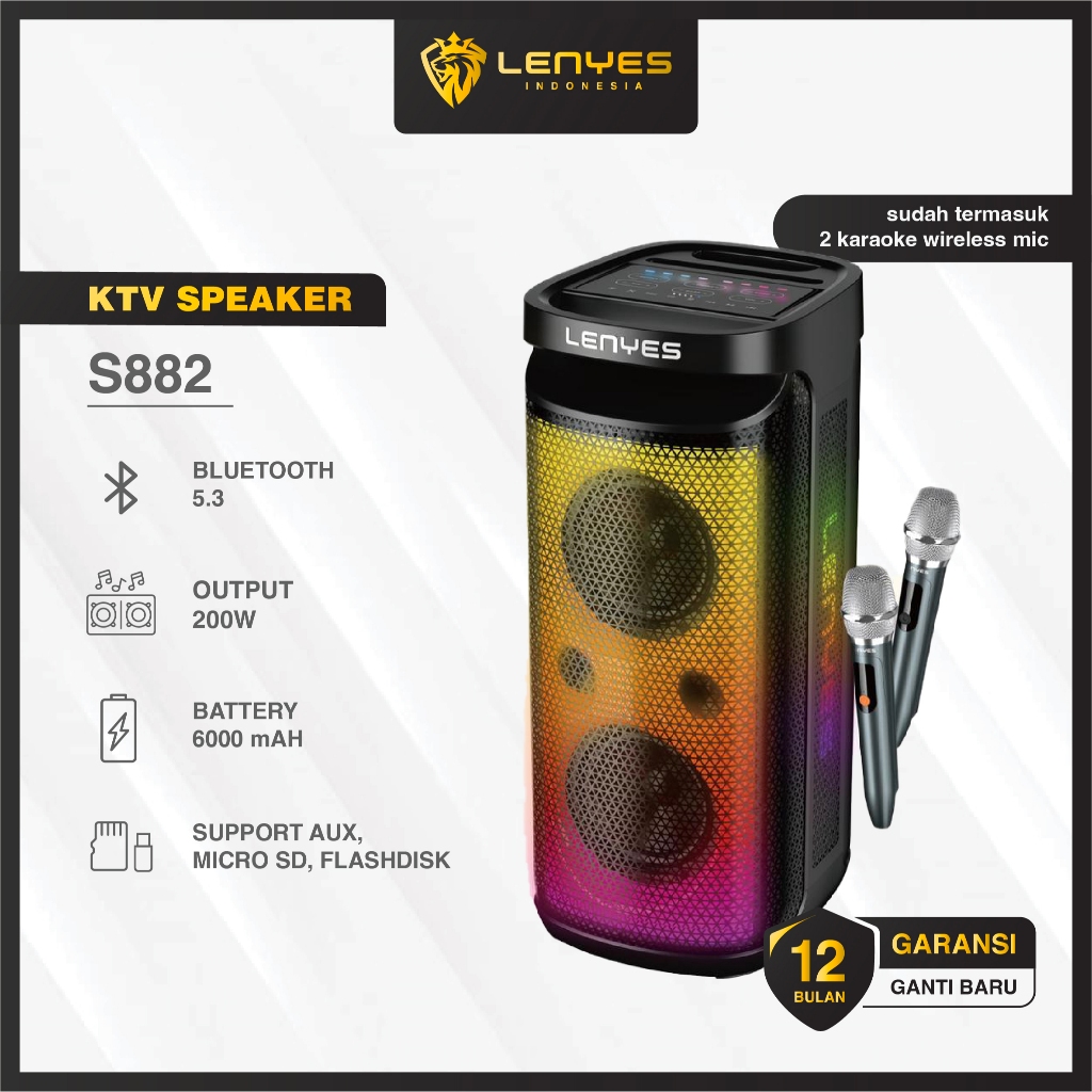 Jual LENYES S882 200W KTV Wireless Speaker + Microphone Bluetooth 5.3 ...
