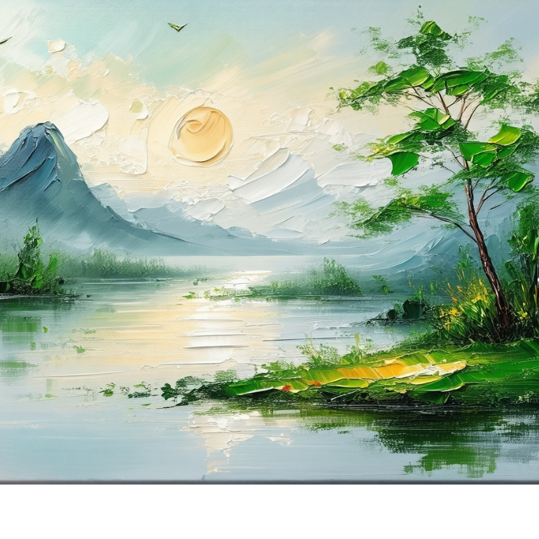 Jual Lukisan Pemandangan Alam Suasana Pagi yang Tenang di Tepi Danau ...