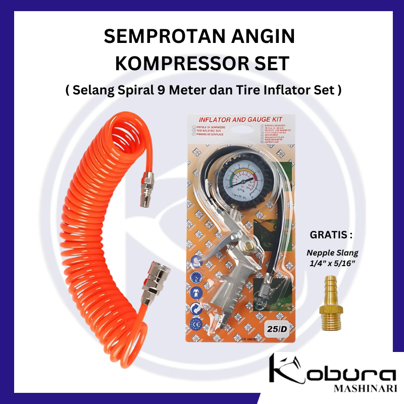Jual Semprotan Angin Kompresor Set Selang Spiral 9 Meter dan Tire Inflator Gauge Kit Alat ...