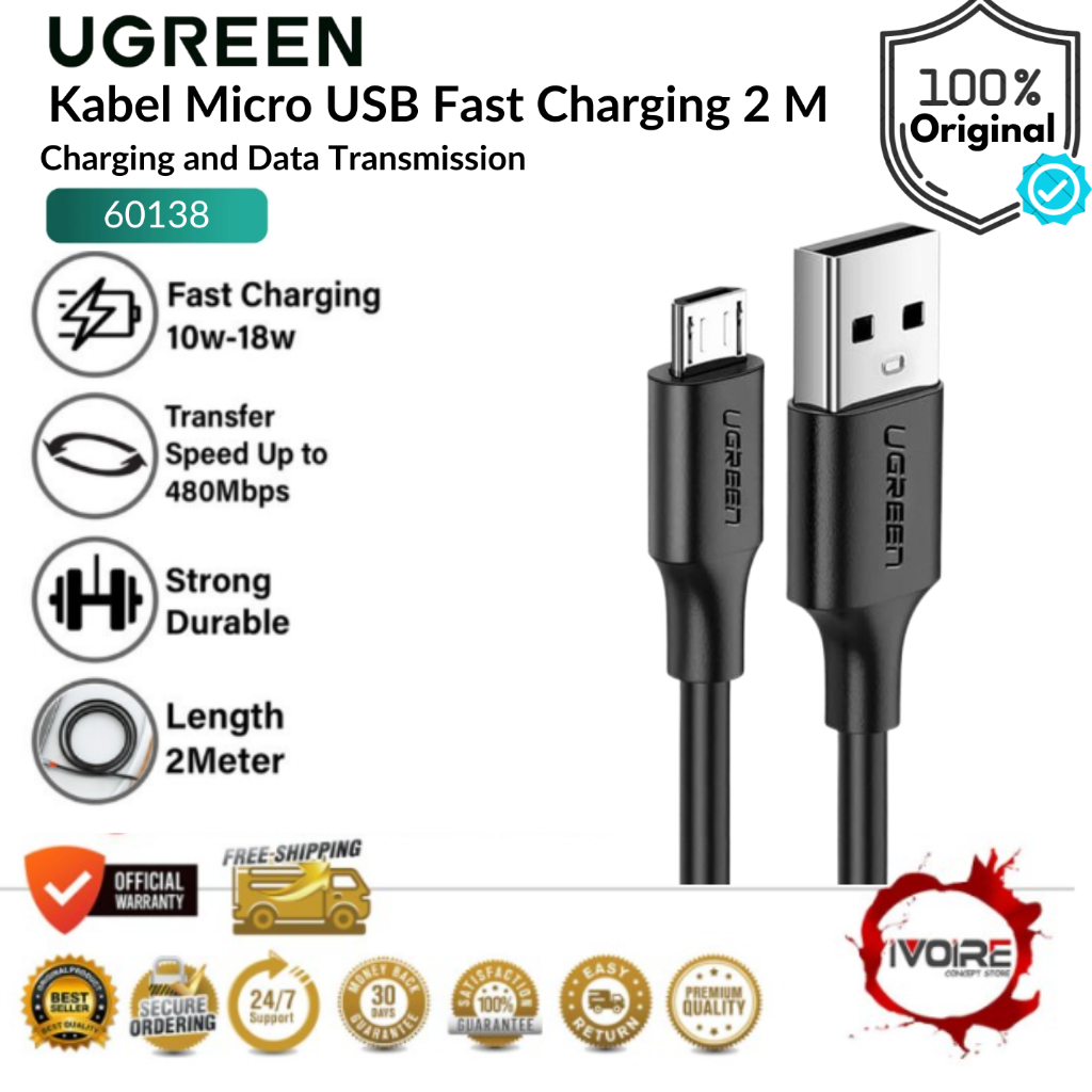 Jual Ugreen Kabel Data USB Micro 2M Black 60138 | Shopee Indonesia