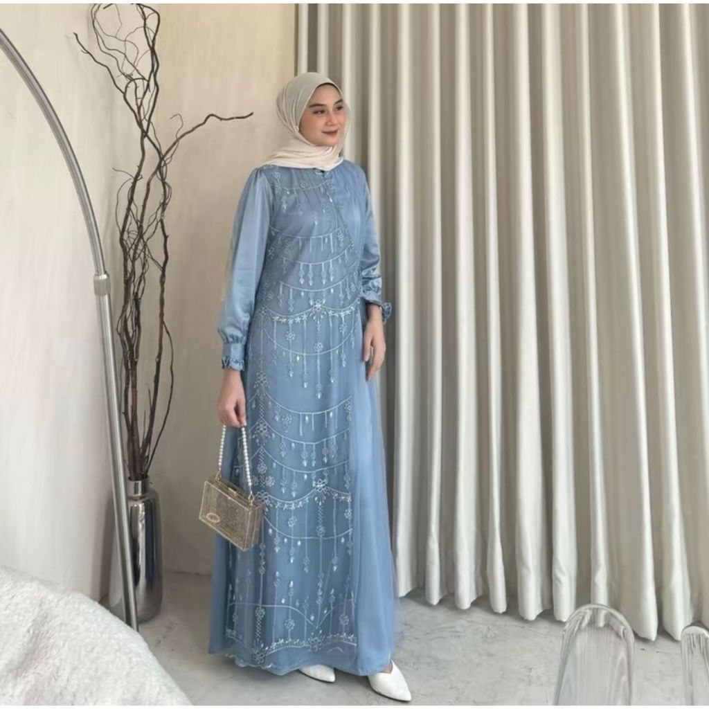 Jual Shabira Dress Kondangan Terbaru Bahan Silk Kombinasi Tile Resleting Depan Gamis Brukat ...