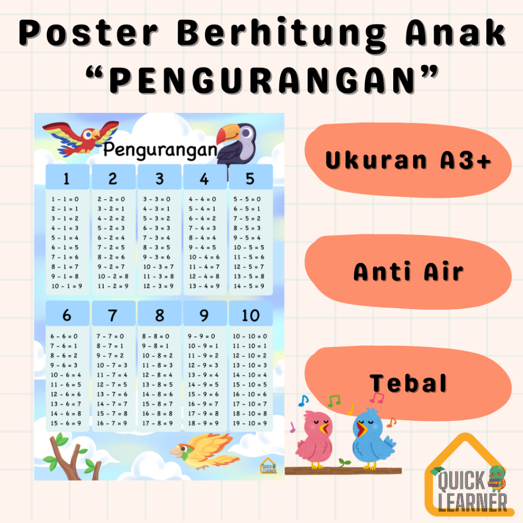 Jual Quick Learner Poster Berhitung Anak Belajar Pengurangan Untuk ...