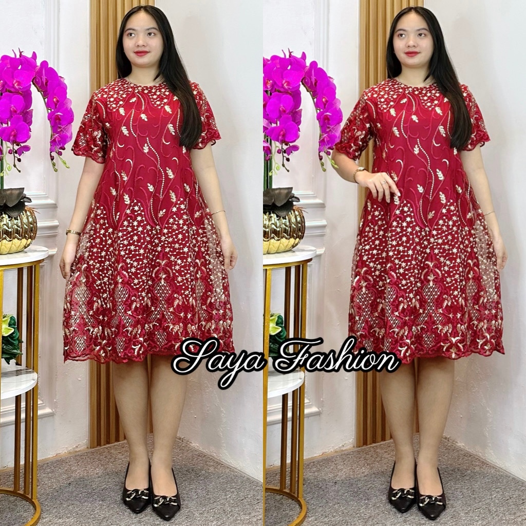 Jual Midi Dress Tile Bordir Motif Bunga Basic Baju Pesta Size Standar ...