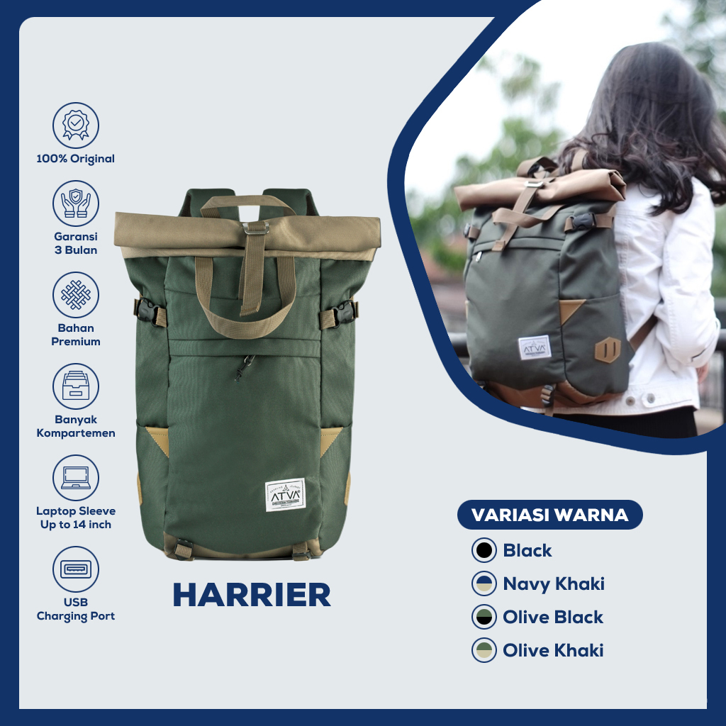 Jual HARRIER OLIVE KHAKI ORIGINAL x ATVA Tas Ransel Roll Top Casual Pria Wanita Daily Backpack ...
