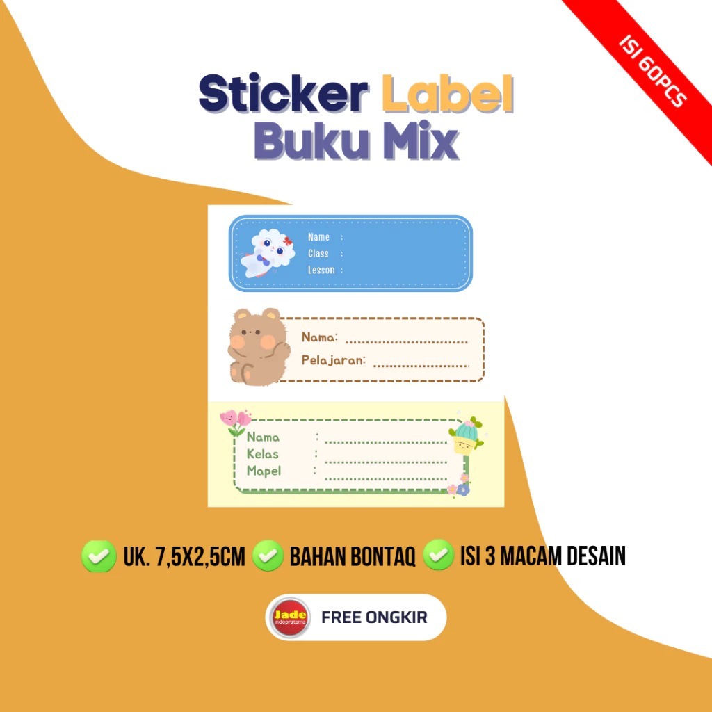 Jual [Isi 60pcs] Sticker Label Buku Sekolah 7,5x2,5cm Sticker Buku ...