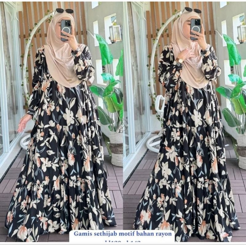 Jual Gamis Set Hijab Bergo Gamis Motif Bunga Set Hijab Gamis Rayon ...