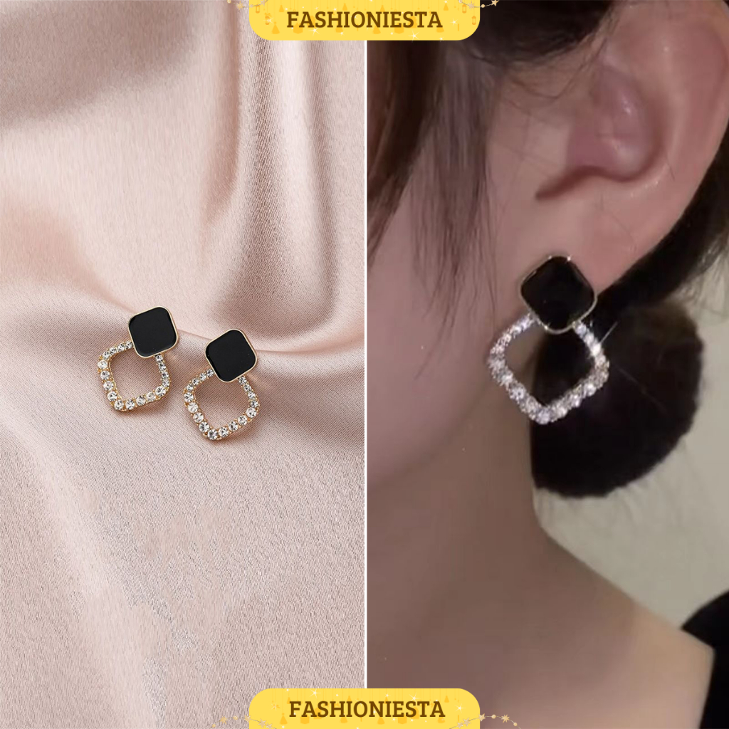 Jual Anting-Anting Hitam Persegi Berbingkai Anti Karat Aksesoris Wanita ...