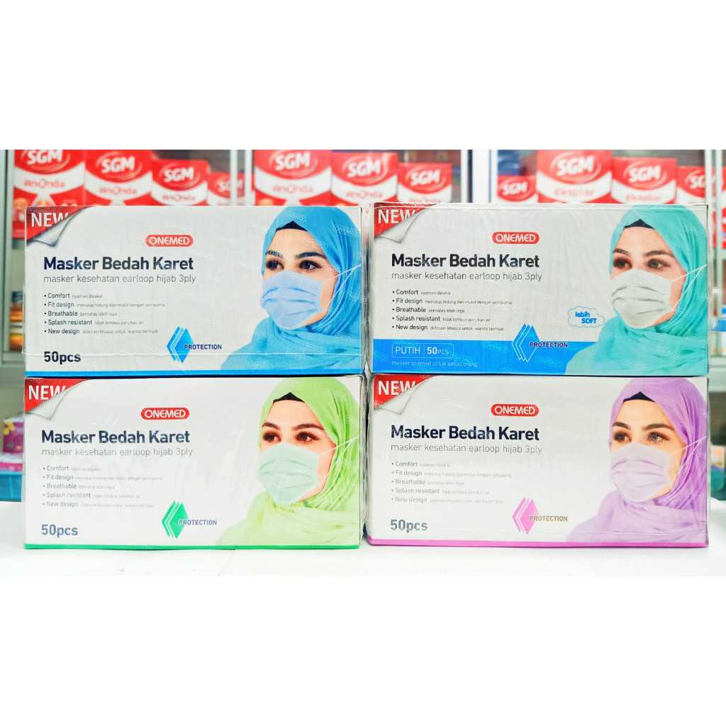 Jual ONEMED Masker Bedah Karet Hijab 1 KOTAK ISI 50PCS - Masker Hijab ...