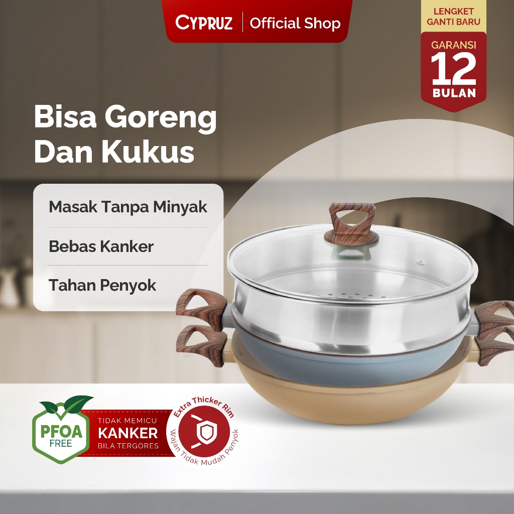 Jual Cypruz Wajan Kuali Anti Lengket Wok Pan Dan Tutup Plus Steamer Hercules Series | Shopee ...
