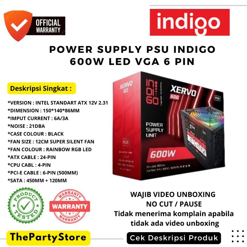 Jual Power Supply Indigo Xervo RGB / PSU PC Komputer 600 Watt | Shopee Indonesia