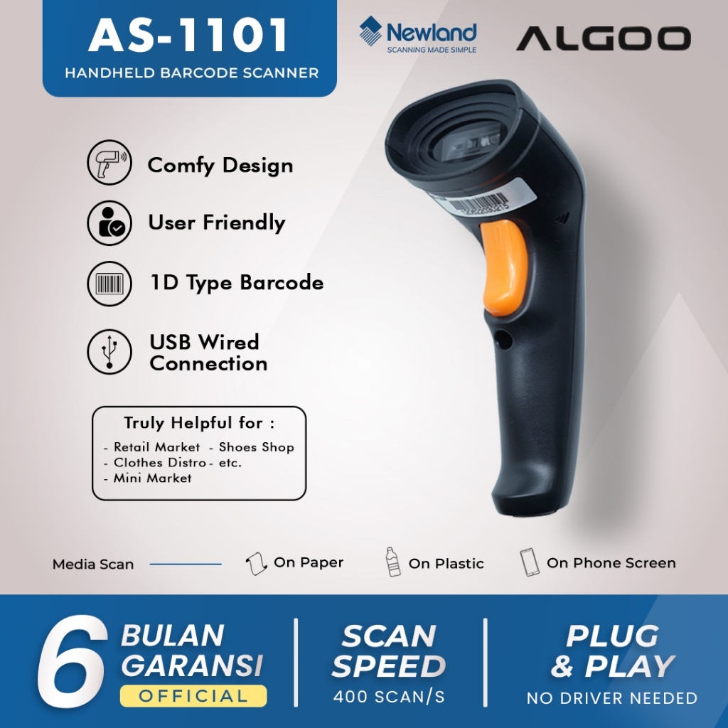 Jual ALGOO AS-1101 Barcode Scanner Alat Scan Kasir Wired 1D USB ...