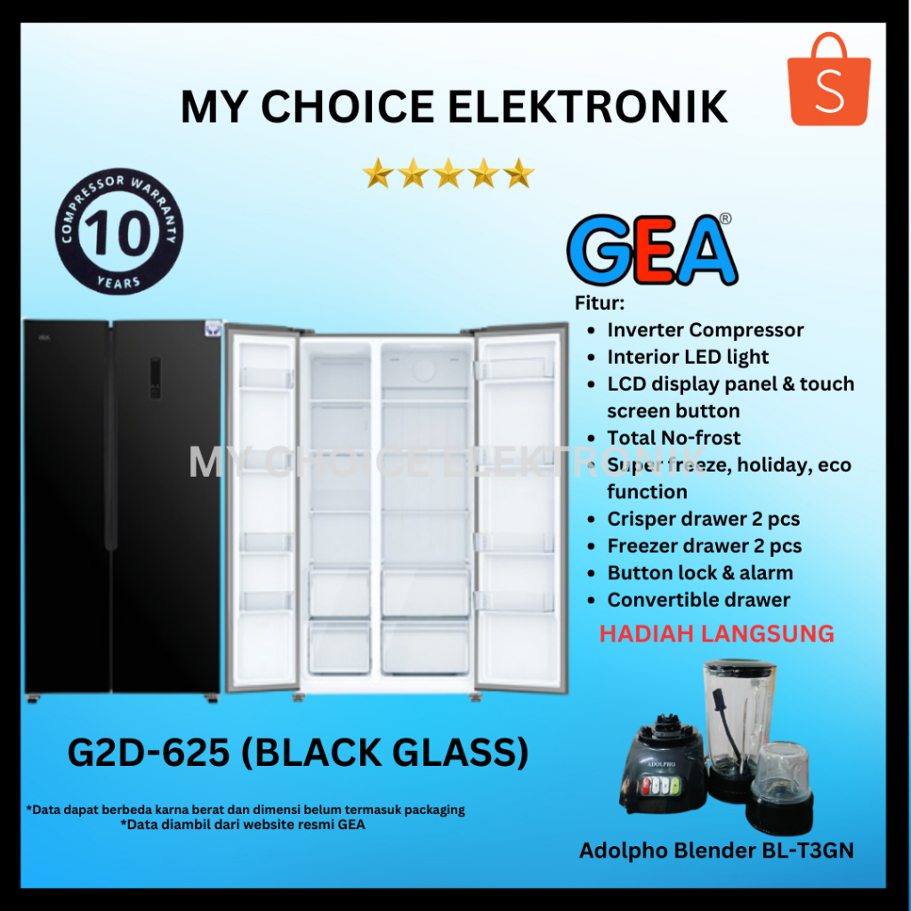 Jual GEA Kulkas Side By Side Inverter G2D 625 Black Glass ...