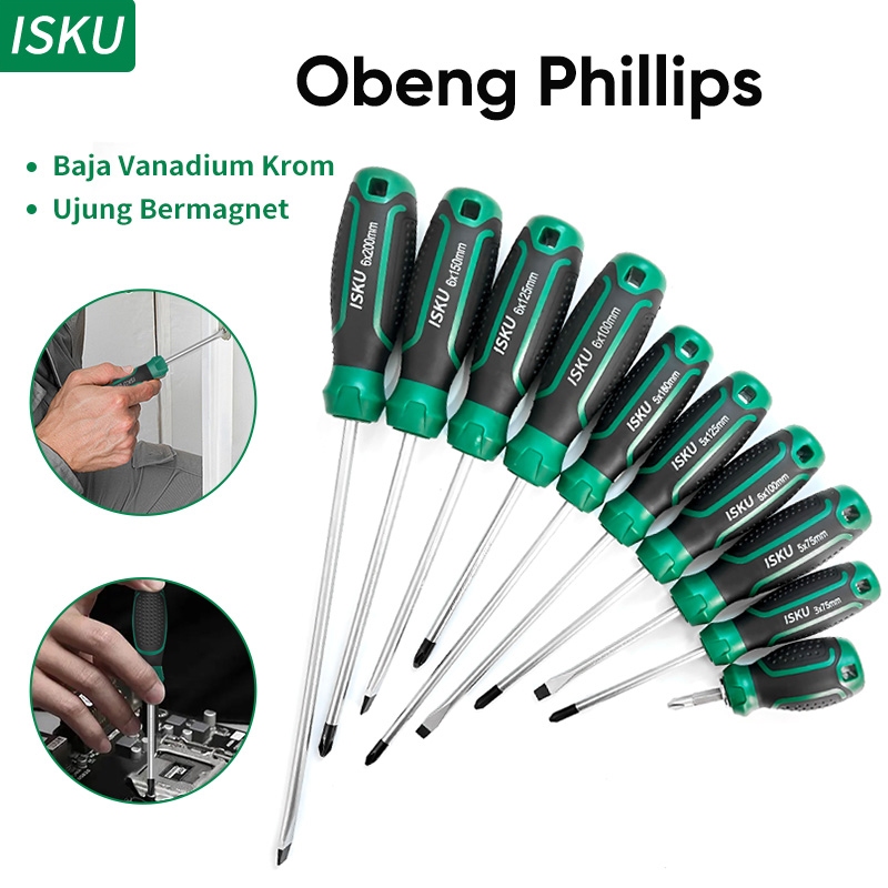 Jual ISKU Obeng Magnet Plus Minus Gagang Karet Panjang Pendek obeng ...