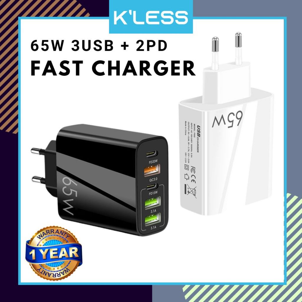 Jual K'LESS Kepala Charger USB Quick Charging Type C 65W 2PD+3Port USB ...