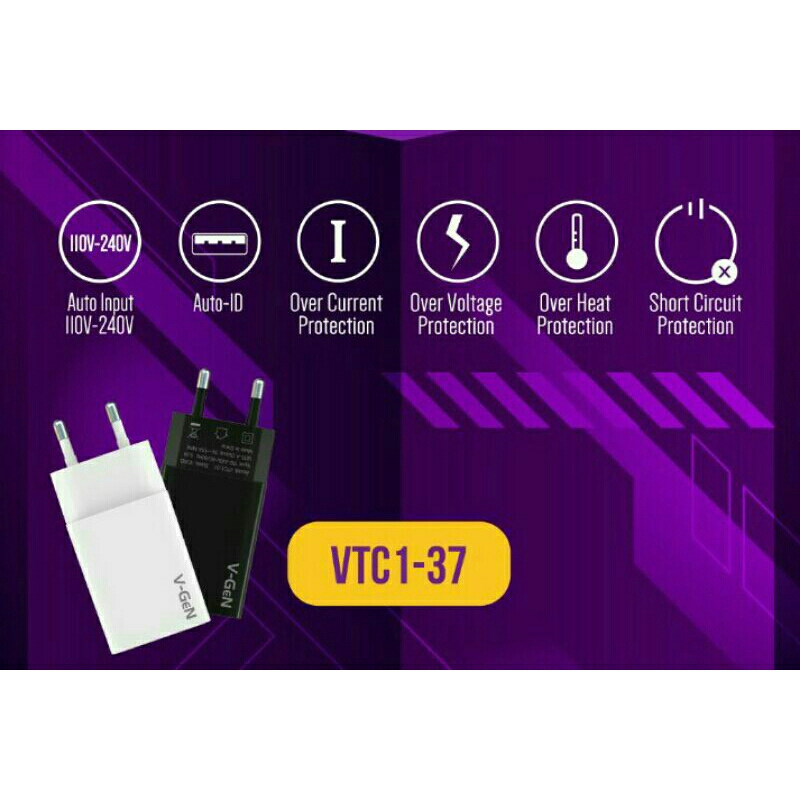 Jual adaptor cas HP vgen vtc1-37 1 port usb 1.5A | Shopee Indonesia