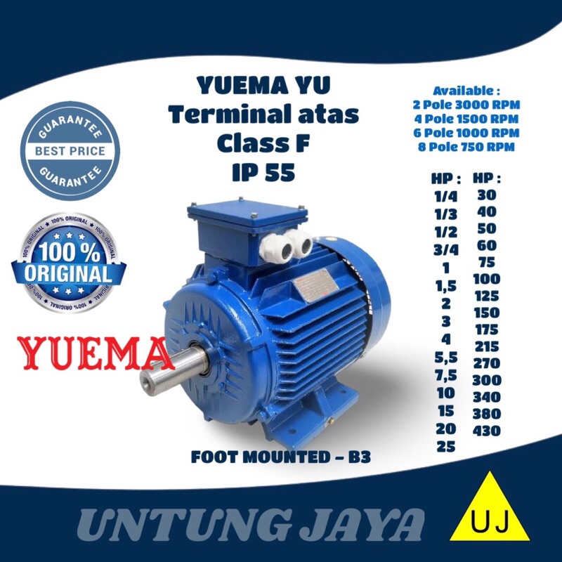 Jual DINAMO ELEKTRO MOTOR YUEMA YU 3PHASE 1,5HP 1,1KW 4POLE 1500RPM / ELEKTRIK MOTOR YUEMA YU 3 ...