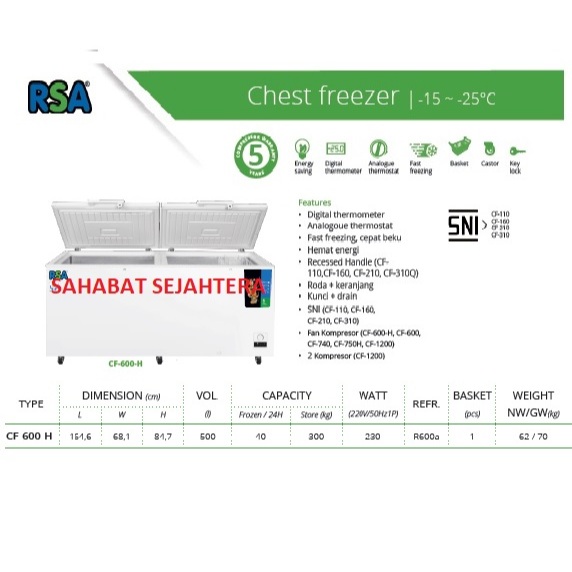 Jual RSA Chest Freezer CF-600H Freezer 2 Pintu Kapasitas 500 Liter ...