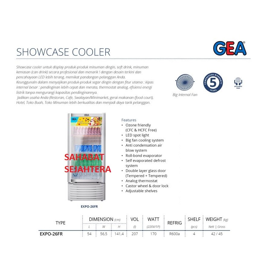 Jual GEA Showcase Display Cooler EXPO-26FR Kulkas 1 Pintu 3 Rak Kap ...