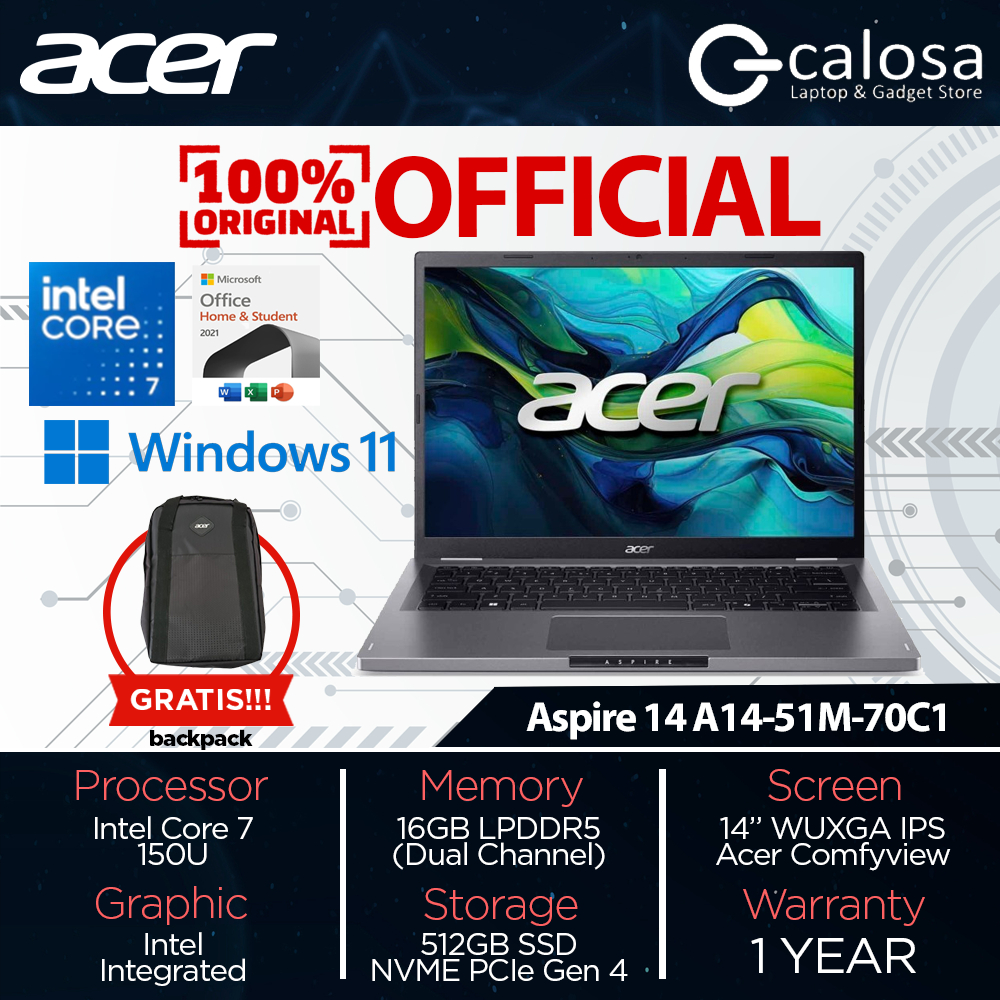 Jual ACER ASPIRE A14-51M-70C1 CORE 7-150U 16GB 512GB SSD 14'' UMA ...