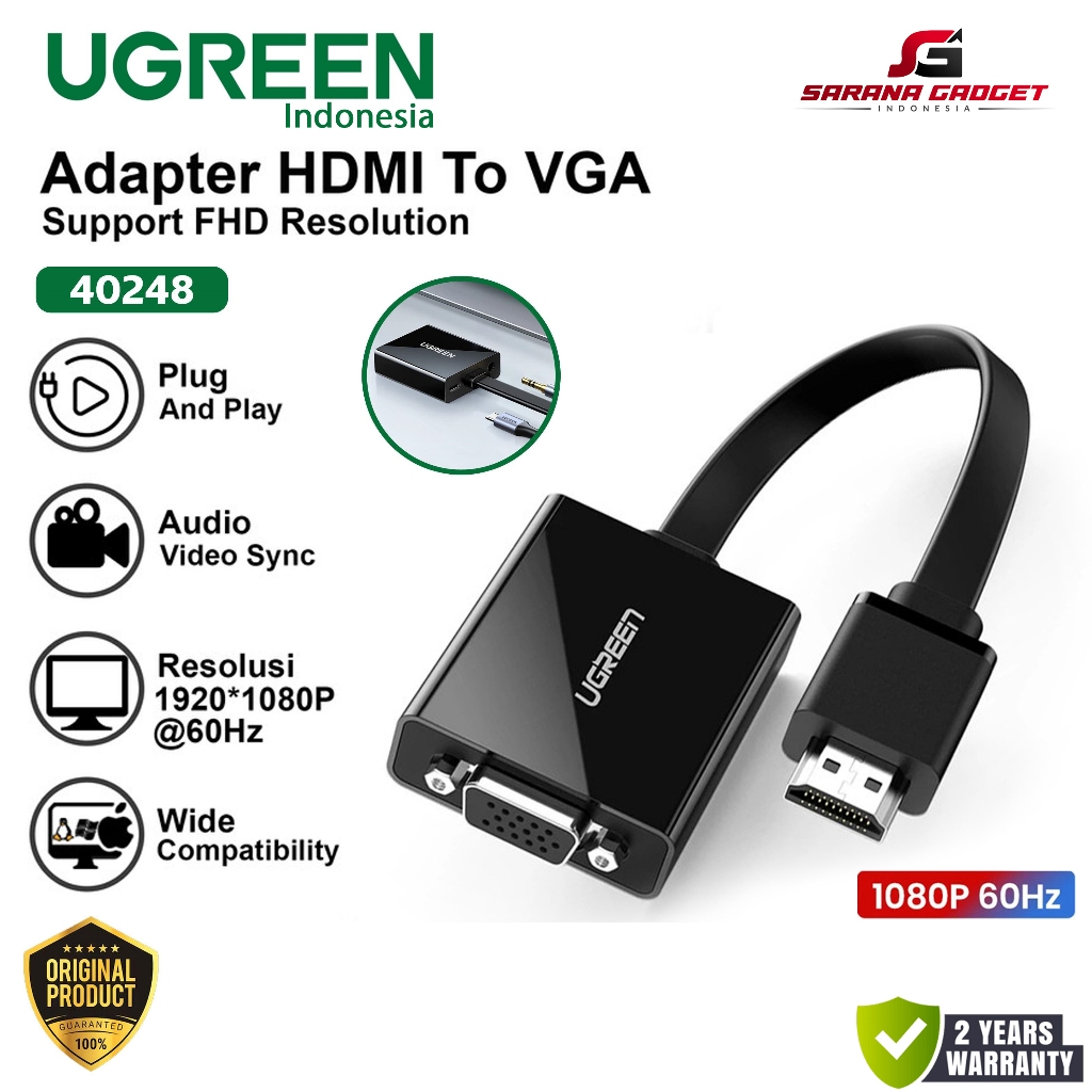 Jual UGREEN 40248 Kabel Converter HDMI Male to VGA Female For PC Laptop TV Proyektor Full HD ...