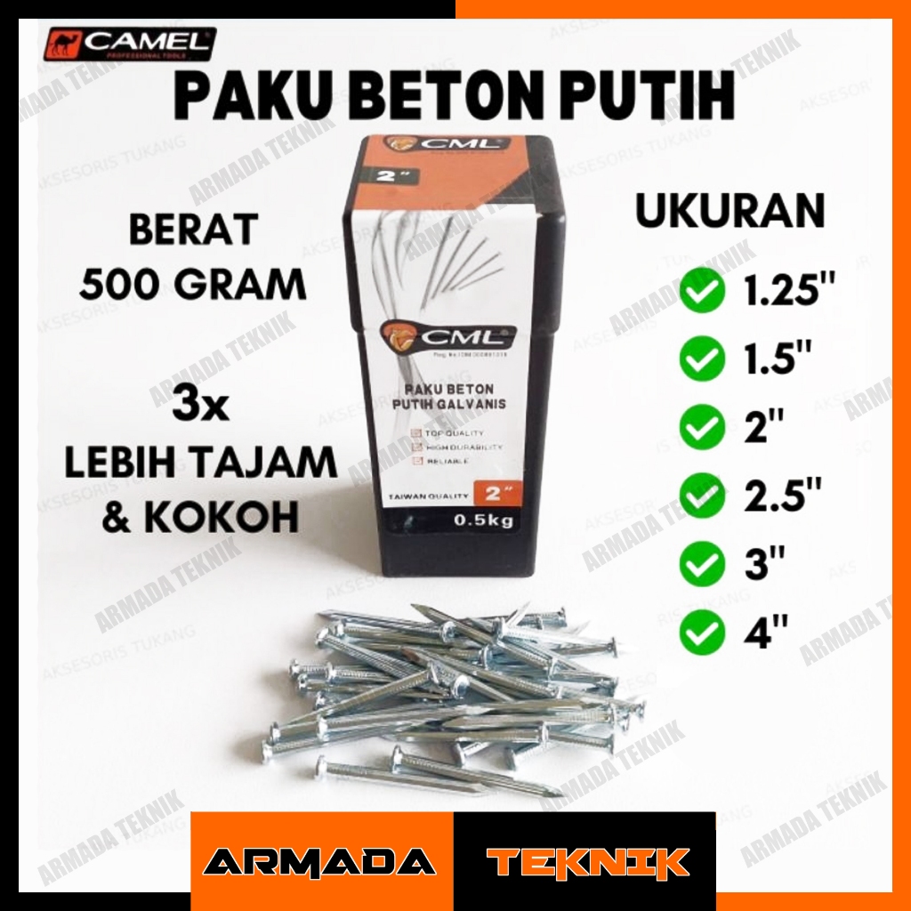 Jual CAMEL Paku Beton Putih Galvanis 1- 4" Inch Paku Beton Tembok 2.5 cm - 10 cm | Shopee Indonesia