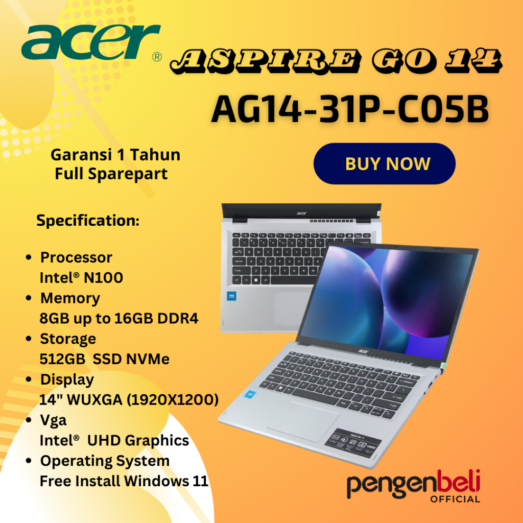 Jual Acer Intel N100 Gen 12 / RAM 16GB / Aspire Go 14 AG14-31P-C05B ...