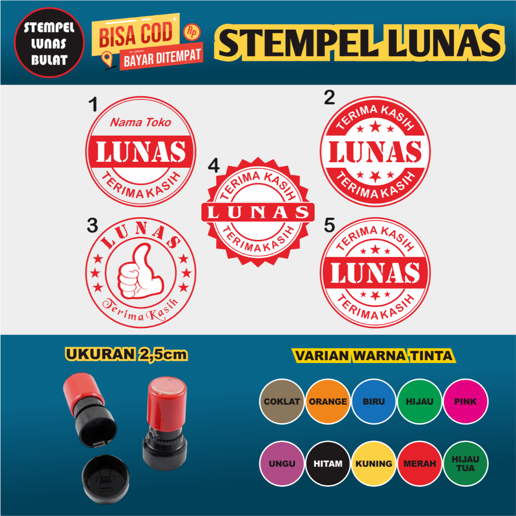 Jual Stempel LUNAS Bulat Desain Bebas Pilih Stempel Flash Otomatis Tanpa Bantalan - Ukuran 2.5 ...