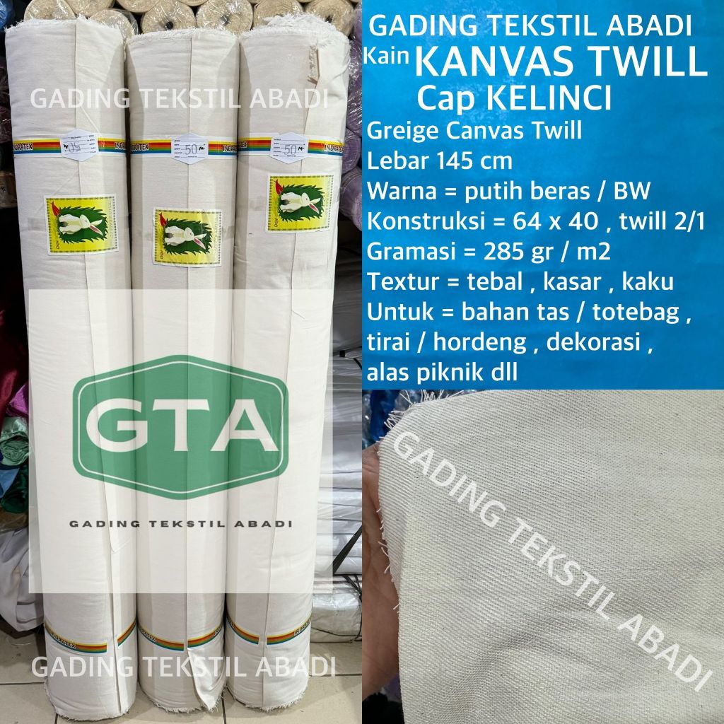 Jual ( per setengah meter ) kain KANVAS TWILL cap KELINCI greige canvas ...