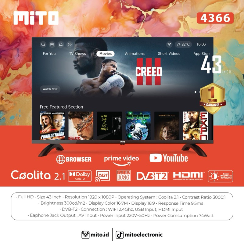 Jual MITO Smart LED TV 4366 43 Inch Full HD - OS Coolita 2.1 | Shopee ...
