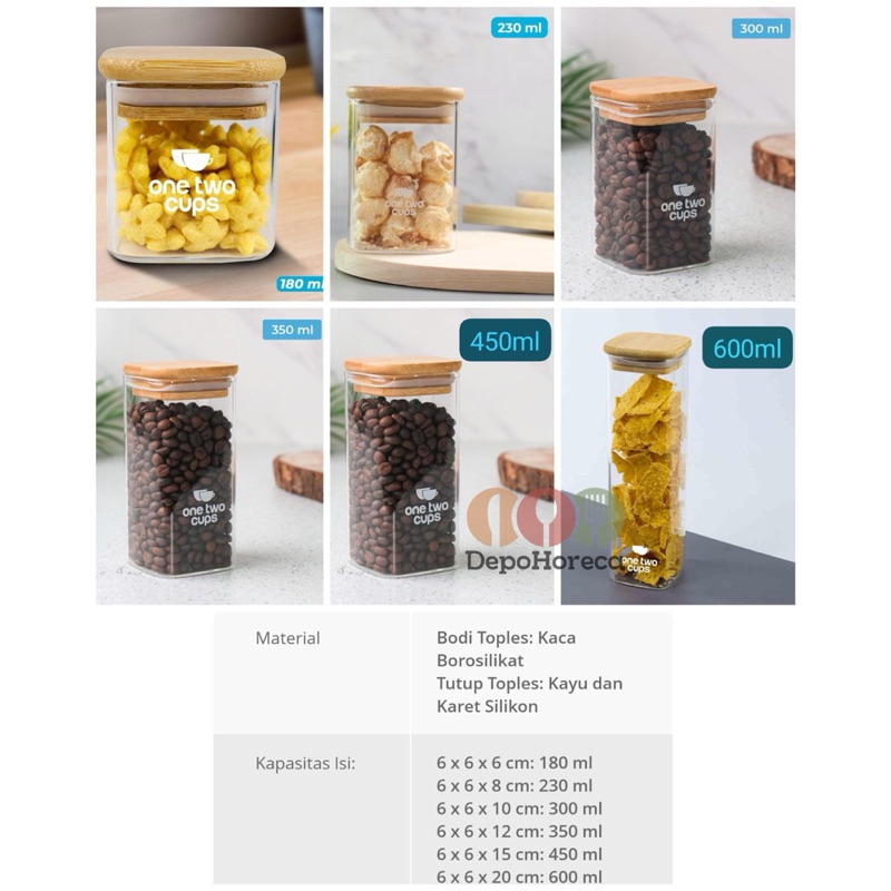Jual One Two Cups Stoples Toples Kaca Kotak Seal Kedap Udara Tutup Kayu / Square Glass Jar With ...