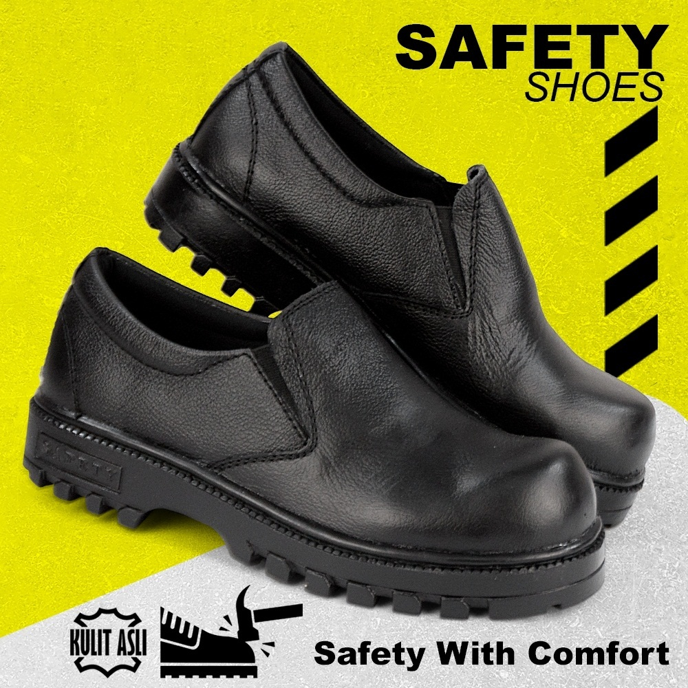 Jual Safety Shoes Kulit Hitam Sepatu Loafer Kerja Lapangan Ujung Logam ...