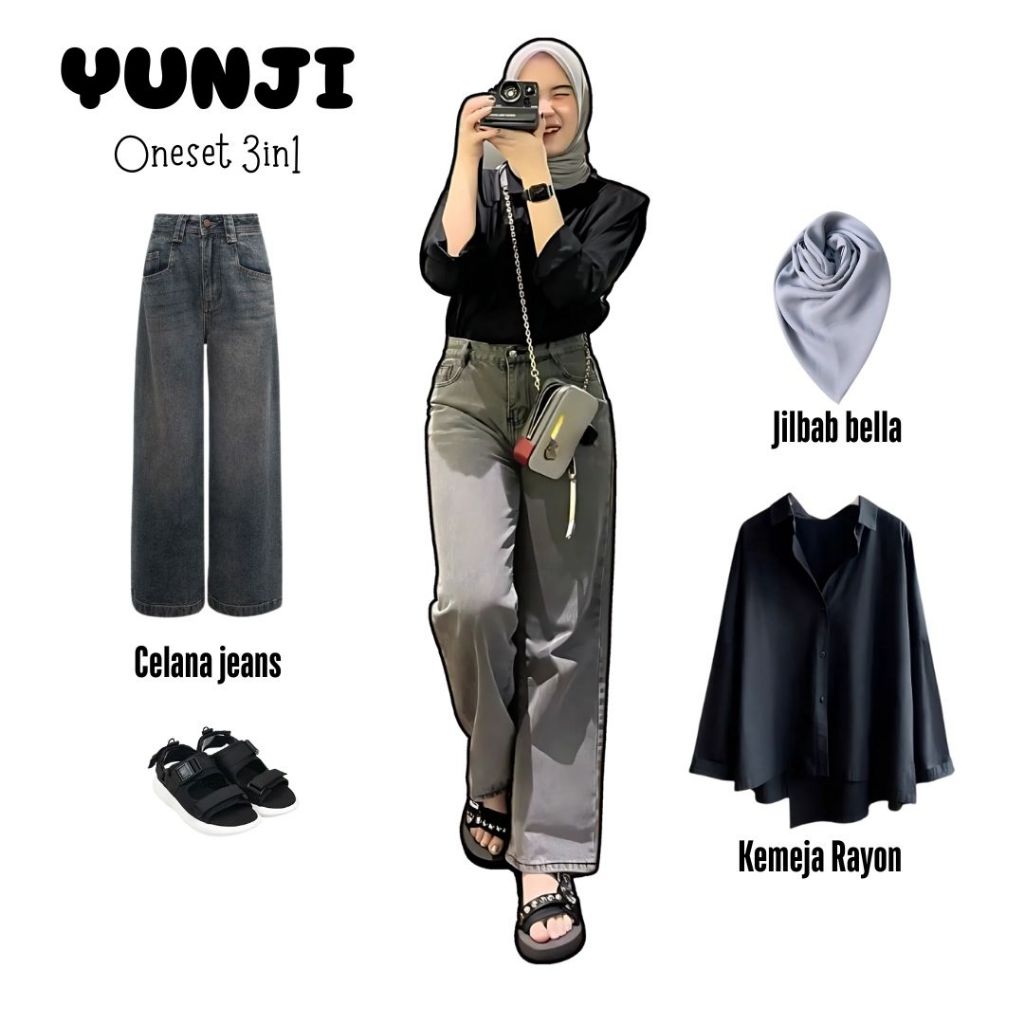 Jual One set 3in1 baju atasan kemeja hitam celana jeans highwaist cullote pant jilbab bella ...