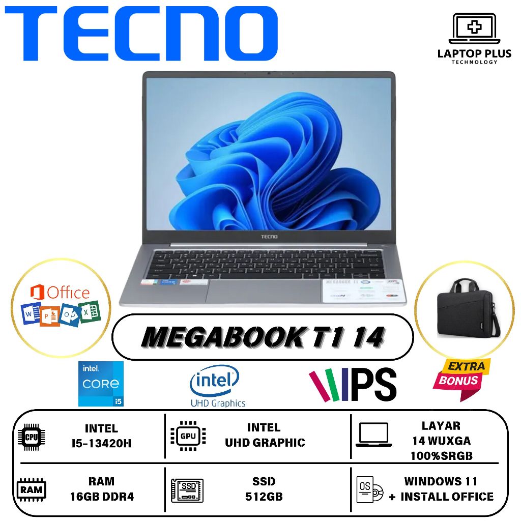 Jual Laptop Tecno Megabook T1 14 100%SRGB I5 13420H 16GB 512GB Intel UHD WUXGA IPS Win 11 ...