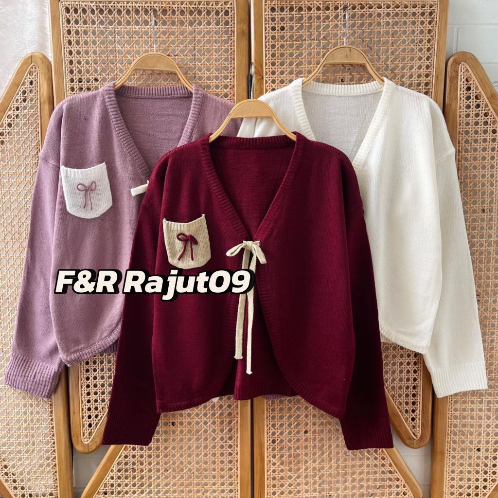Jual F&R Rista Outfit Cardigan Crop Saku Motif Tali Pita Atasan Rajut Wanita Outer Simple ...