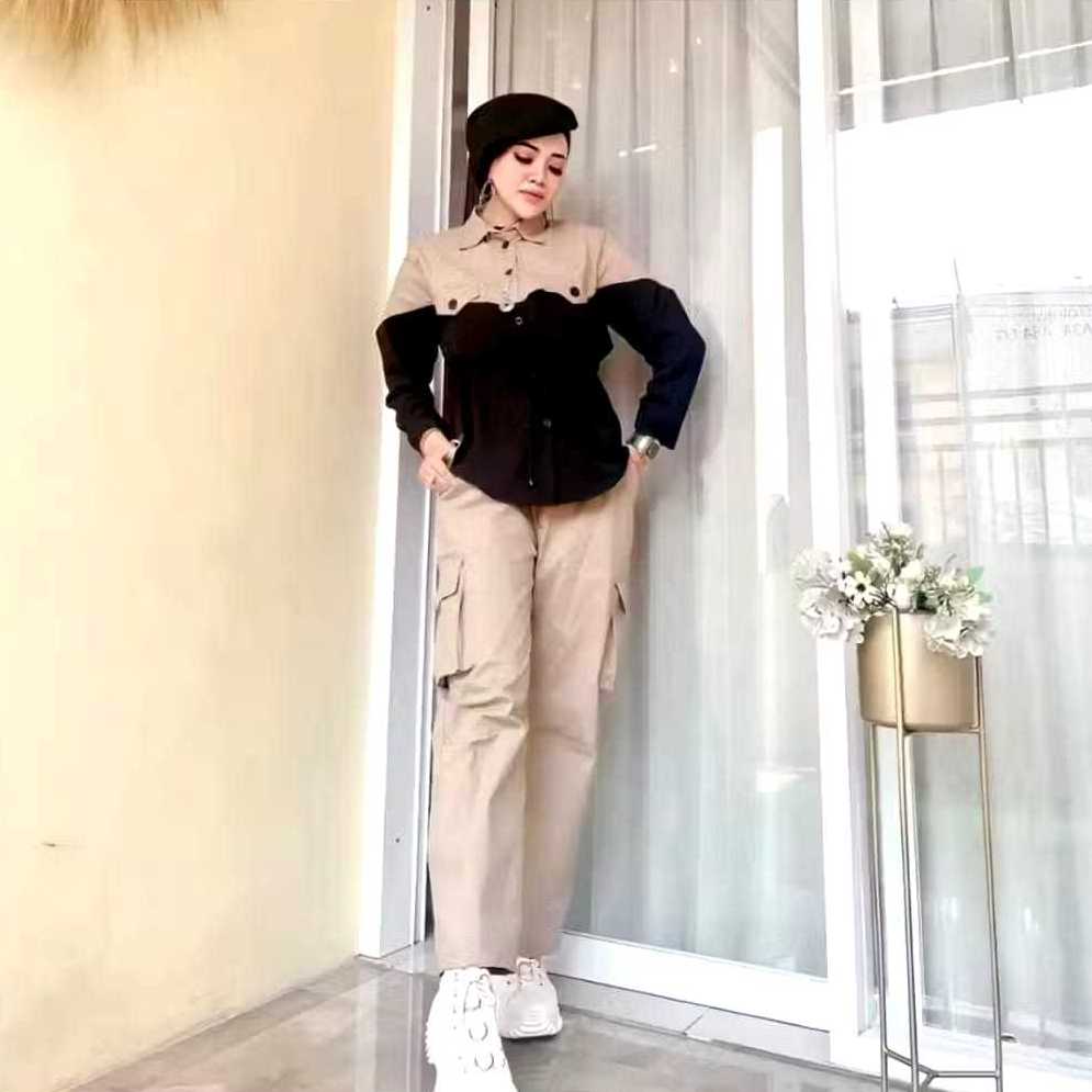 Jual BAJU WANITA SETELAN POLOS KOMBINASI SET CARGO LENGAN PANJANG CELANA PANJANG | Shopee Indonesia