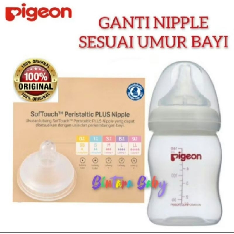 Jual PIGEON Botol Susu Wide neck Wideneck Peristaltic Plus 160ml dengan Nipple size S, M dan L ...
