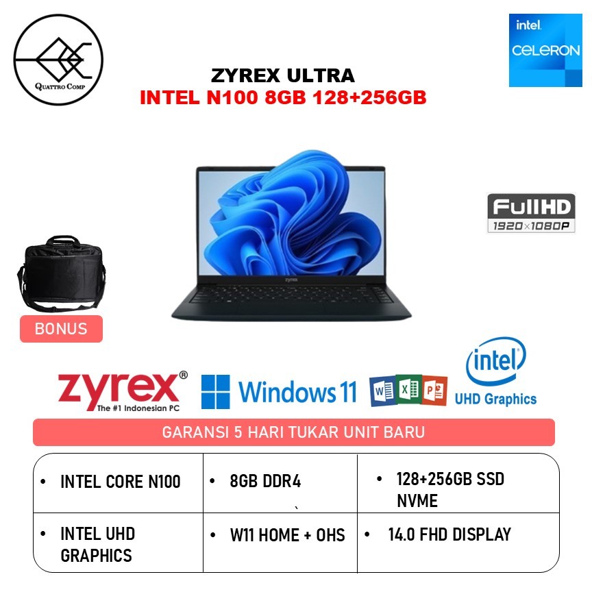 Jual Zyrex Ultra Intel N100 8GB 128+256GB W11 14.0FHD Blit 2y Black ...
