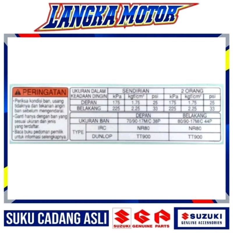 Jual Suzuki ORI SGP Stiker Label UKURAN ANGIN dan BAN velg 17 motor ...