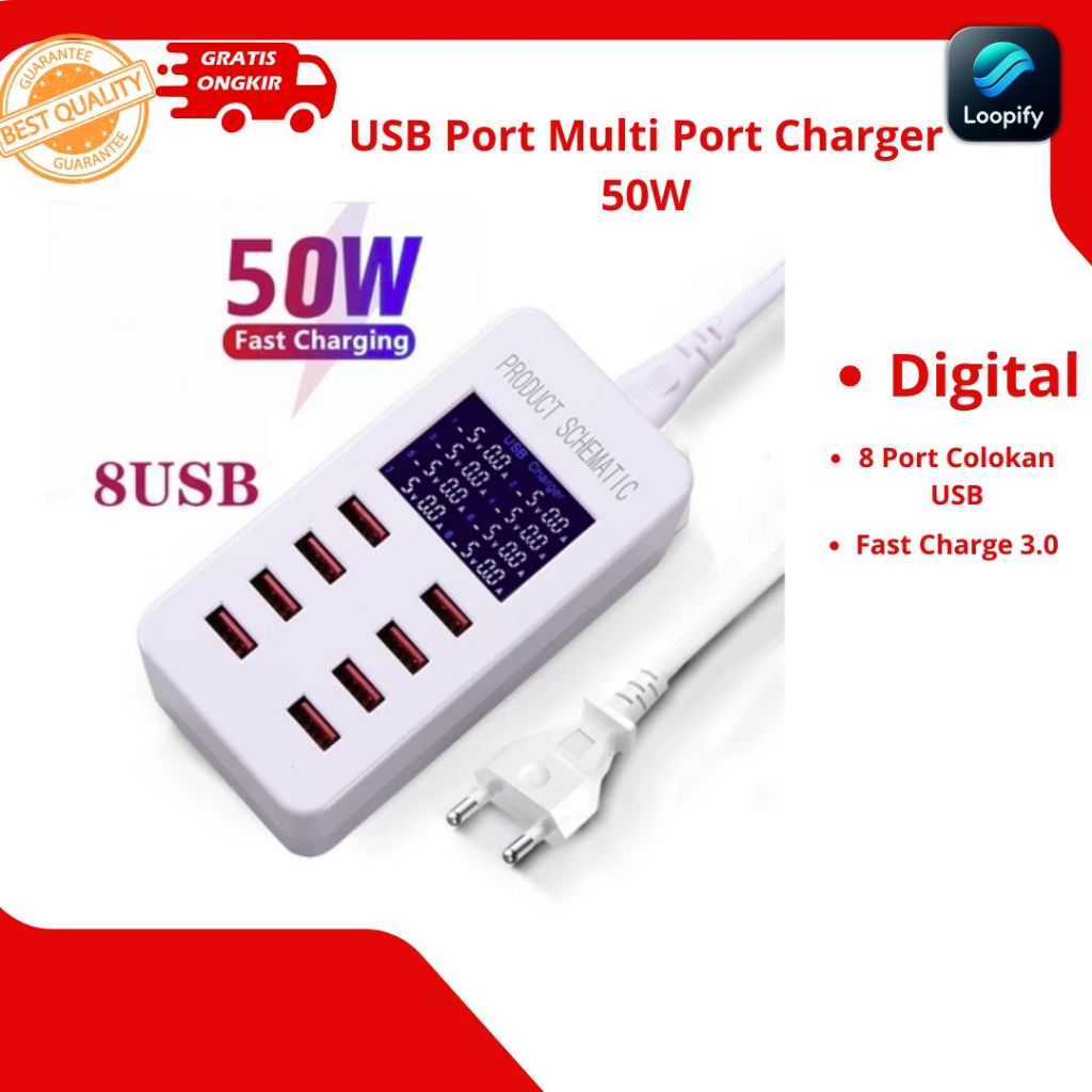 Jual USB Port Multi Port Charger 50W Smart USB Charger 8 Port Colokan ...